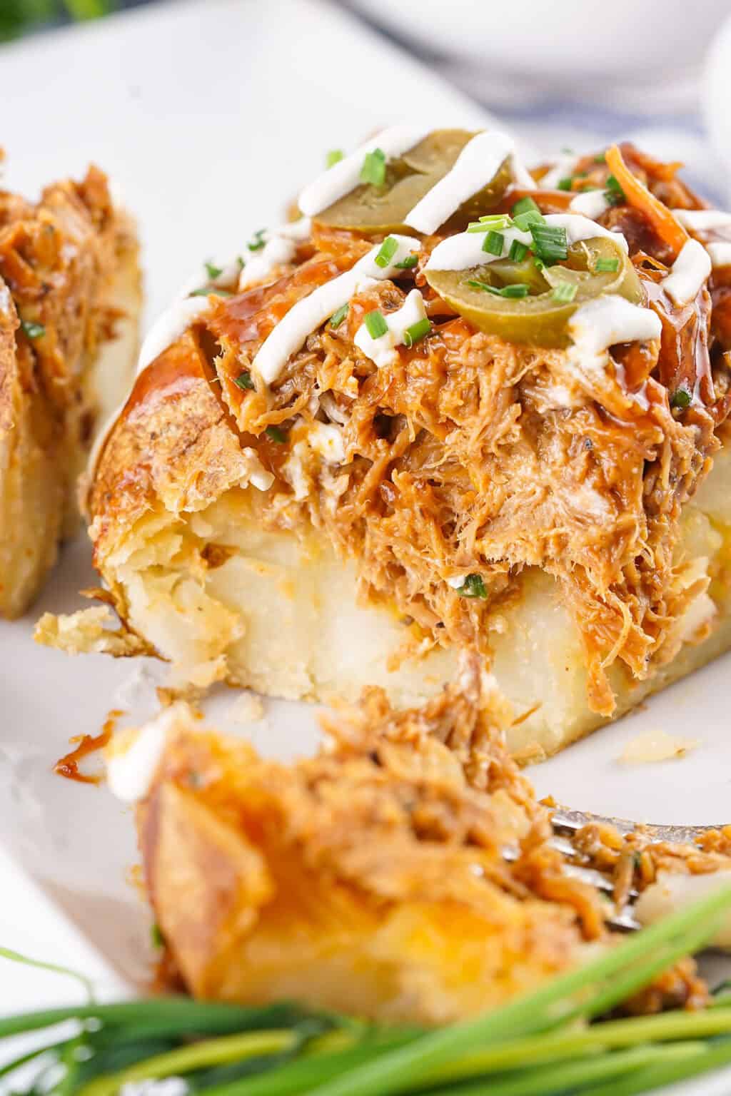 Best Loaded BBQ Pulled Pork Baked Potato Recipe - 2 Cookin Mamas