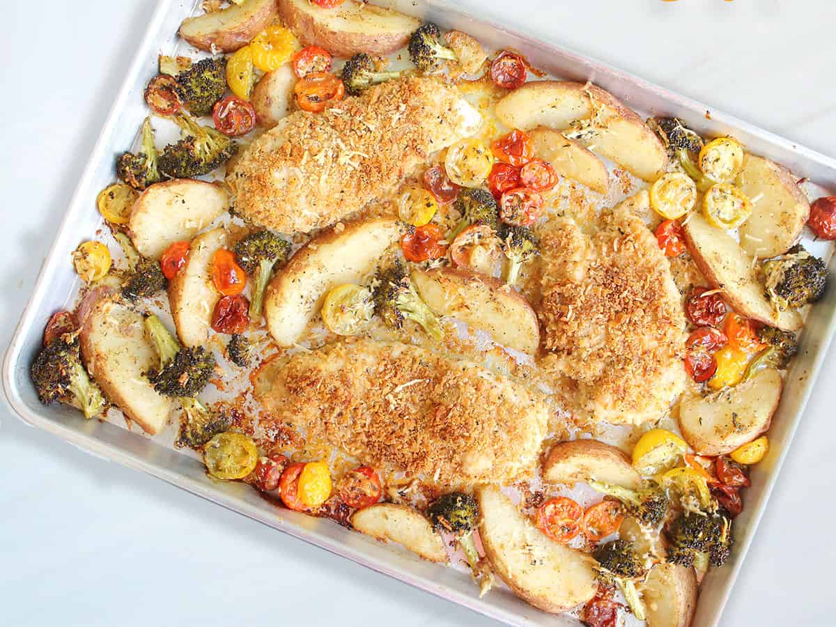 Sheet Pan Parmesan Crusted Chicken with Broccoli and Potatoes